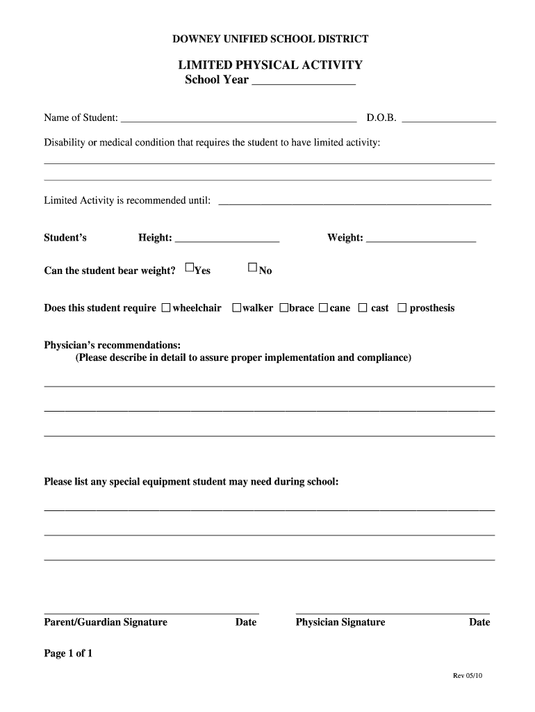 Fillable Online Limited Physical Activity - Downey Unified School ...