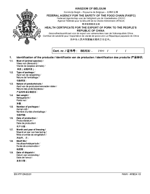Fillable Online HEALTH CERTIFICATE FOR THE EXPORT OF PORK TO THE ...