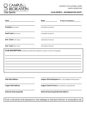 Fillable Online clubs uci Club Information Sheet - University of ...