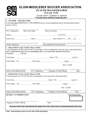 Fillable Online Player Transfer Form - Elgin Middlesex Soccer ...