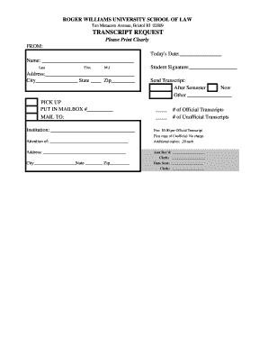 Fillable Online law rwu TRANSCRIPT REQUEST - Roger Williams University ...