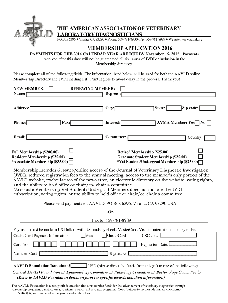 Fillable Online aavld 2016 AAVLD Membership Renewal Form - American Association of Fax Email ...