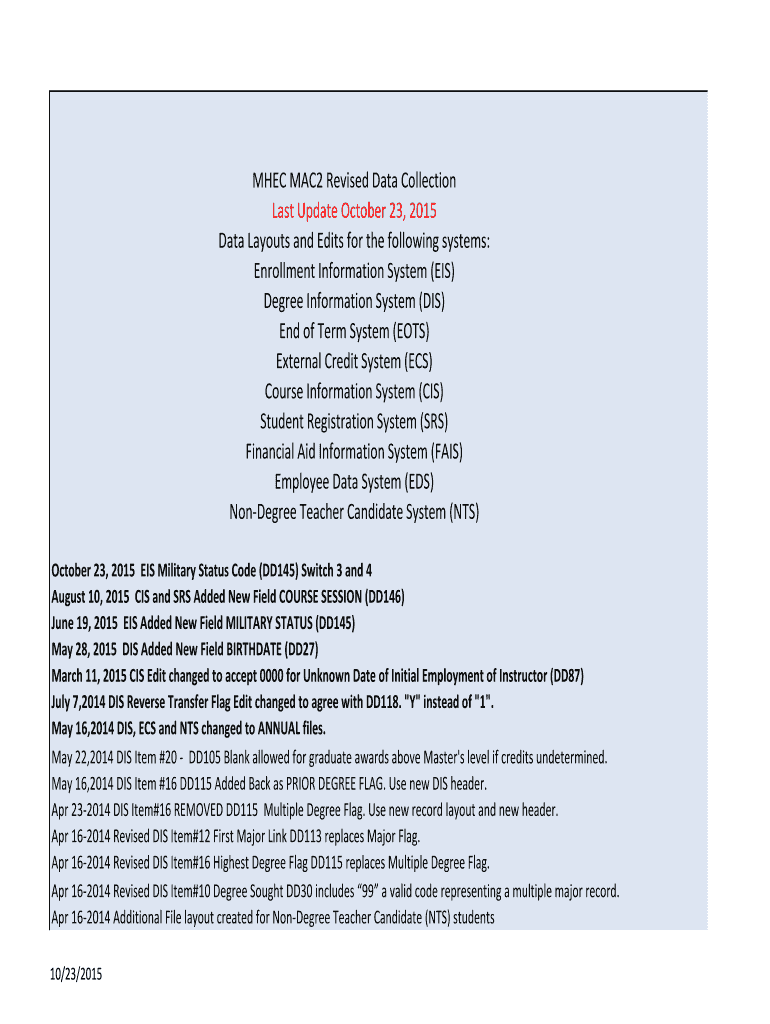 Fillable Online data mhec state md Data Layouts and Edits for the following systems: Fax Email ...