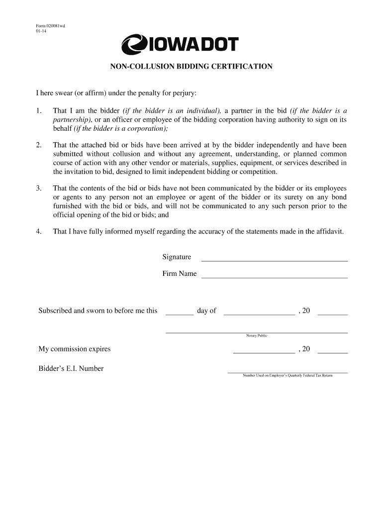 Fillable Online forms iowadot NON-COLLUSION BIDDING CERTIFICATION I ...