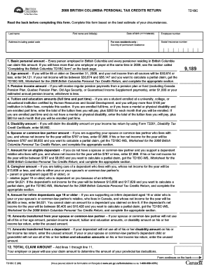 Fillable Online 2008 BRITISH COLUMBIA PERSONAL TAX CREDITS RETURN TD1BC ...