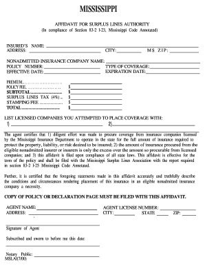 Fillable Online AFFIDAVIT FOR SURPLUS LINES AUTHORITY Fax Email Print ...