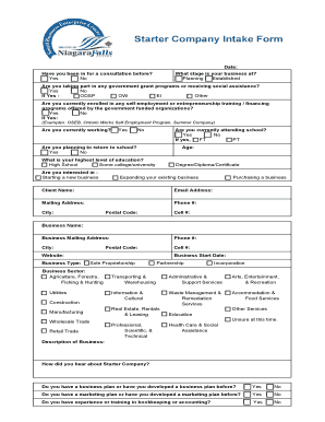 Fillable Online Starter Company Intake Form PDF - Niagara Falls Fax ...