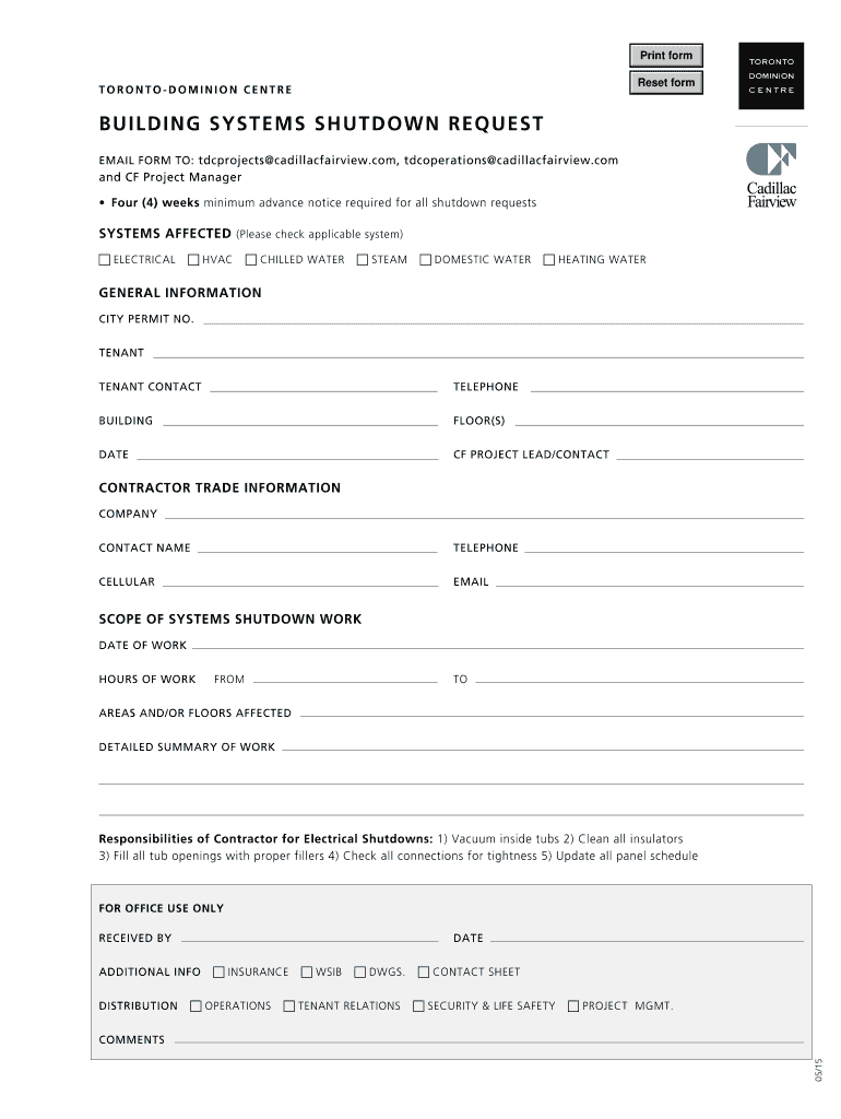 Fillable Online BUiLDinG SYSTemS SHUTDoWn reQUeST - Toronto-Dominion Fax Email Print - pdfFiller