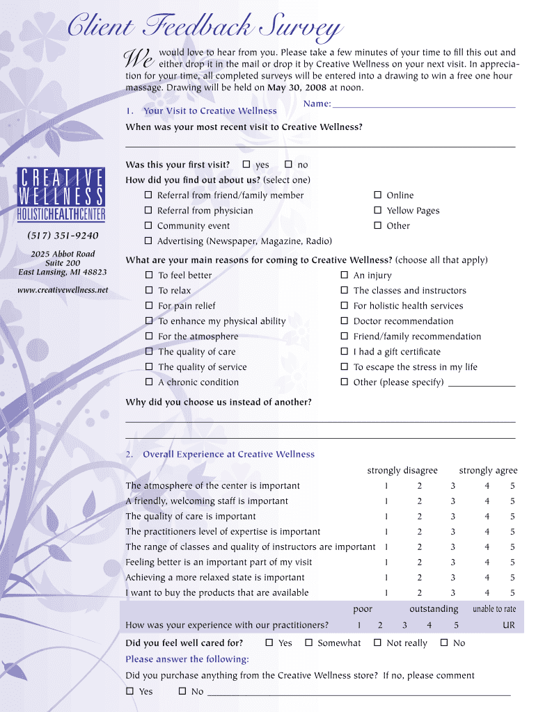 Fillable Online creativewellness Client Feedback Survey - Creative ...