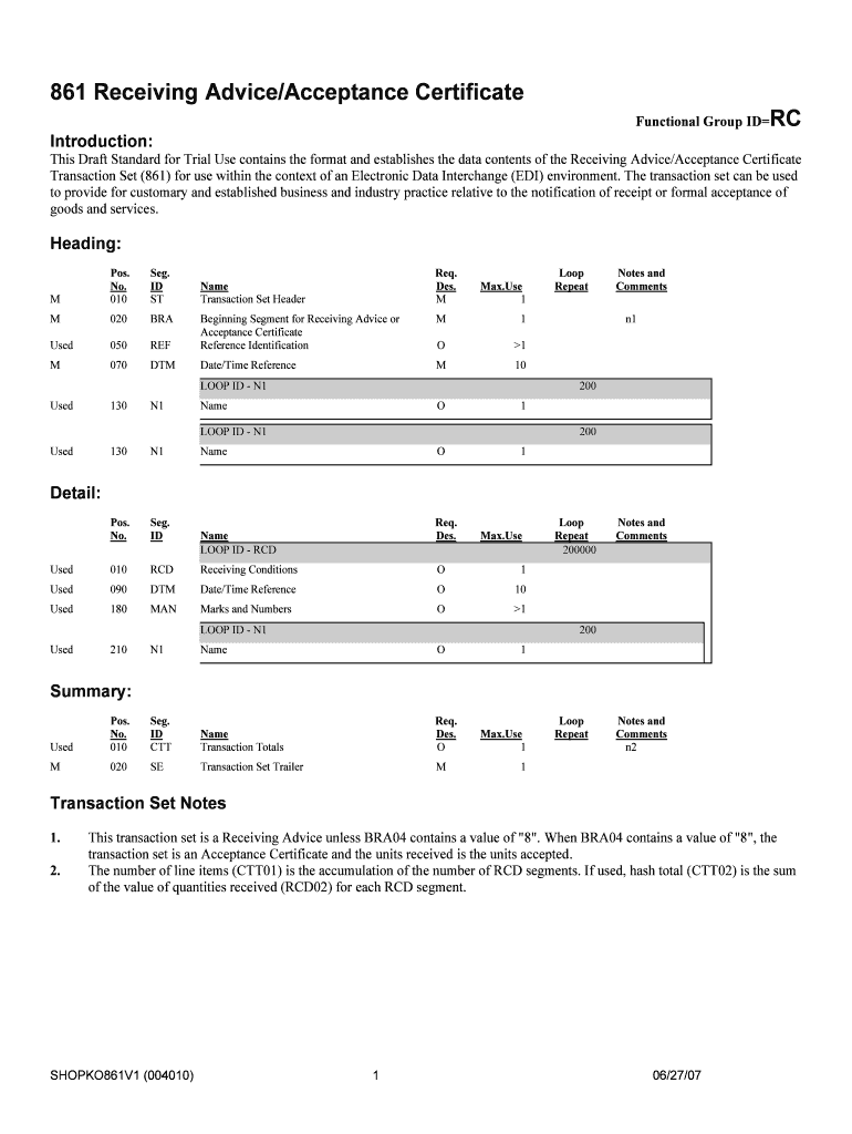 Fillable Online 861 Receiving Advice/Acceptance Certificate Fax Email ...