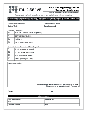 Fillable Online Complaint regarding School Transport Assistance form ...