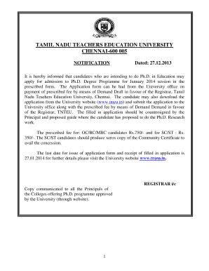 Fillable Online TAMIL NADU TEACHERS EDUCATION UNIVERSITY CHENNAI600 005 NOTIFICATION Dated: 27 ...
