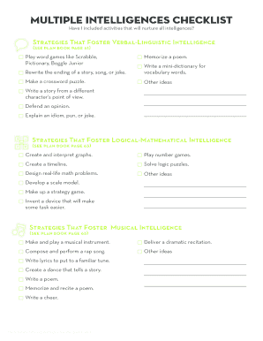 Fillable Online schools fwps MULTIPLE INTELLIGENCES CHECKLIST ...