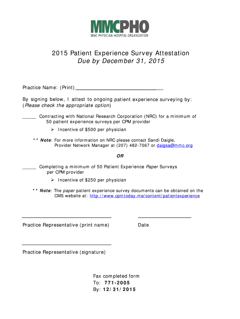 Fillable Online mmcpho 2015 Patient Experience Survey Attestation Due ...