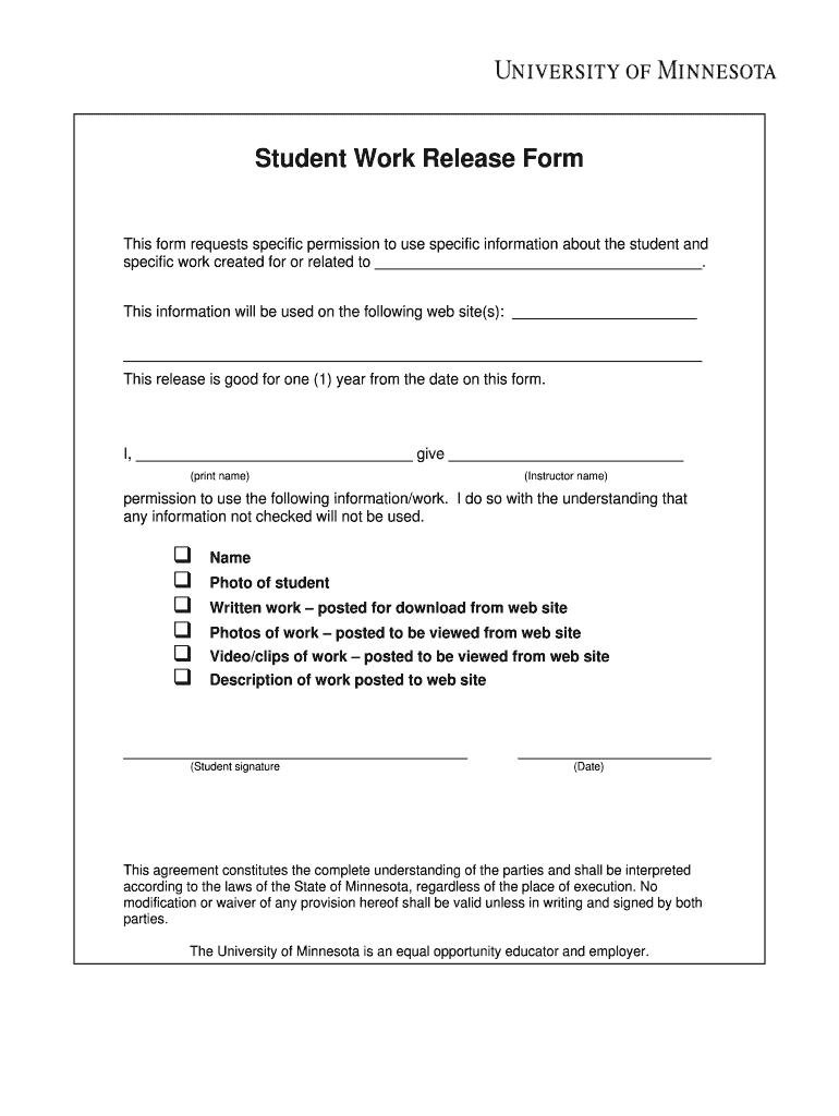 Fillable Online docs sph umn Student Work Release Form Fax Email Print ...