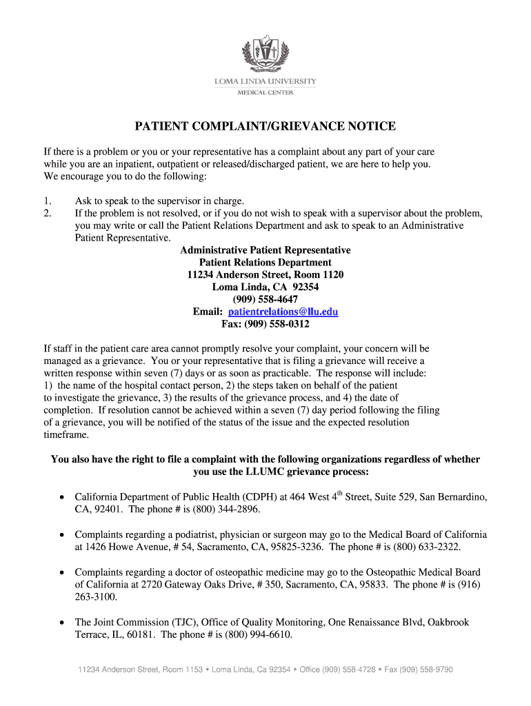 Fillable Online PATIENT COMPLAINT/GRIEVANCE NOTICE Fax Email Print - pdfFiller