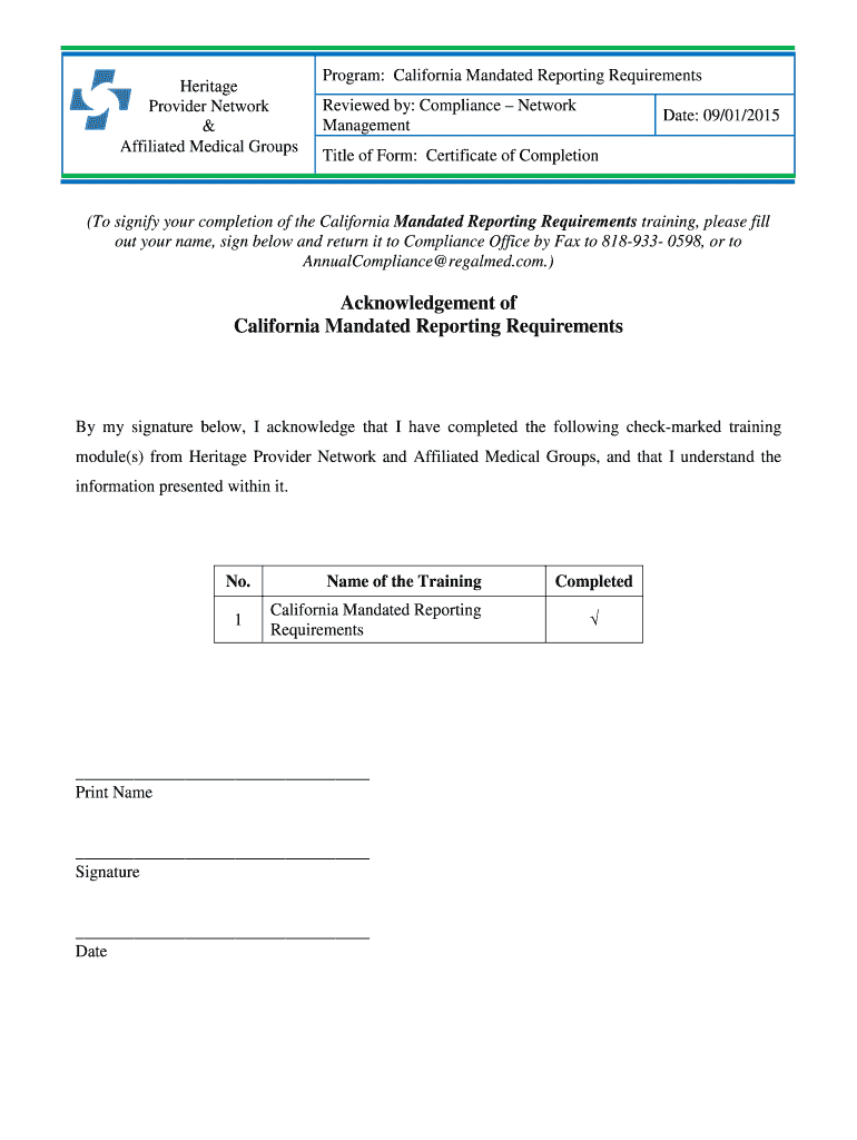 Fillable Online Acknowledgement of California Mandated Reporting ...