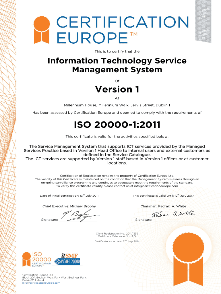 Fillable Online ISO 20000 Certificate - Certification Europe Fax Email ...