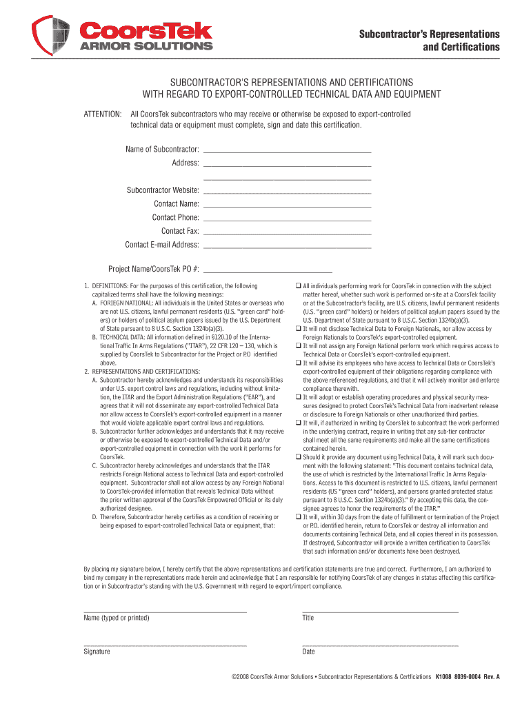 Fillable Online Subcontractor Representations and Certifications Fax ...