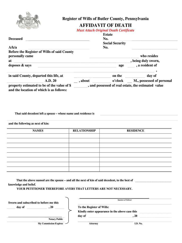 Fillable Online co butler pa Affidavit of Death formdoc - co butler pa ...