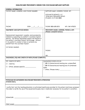 Fillable Online Healthcare providers order for cochlear implant ...