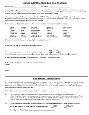 Fillable Online windsormountain SUMMER QUESTIONNAIRE AND CAMP STORE ...