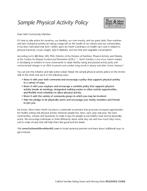 Fillable Online eatsmartmovemoresc Sample Physical Activity Policy ...