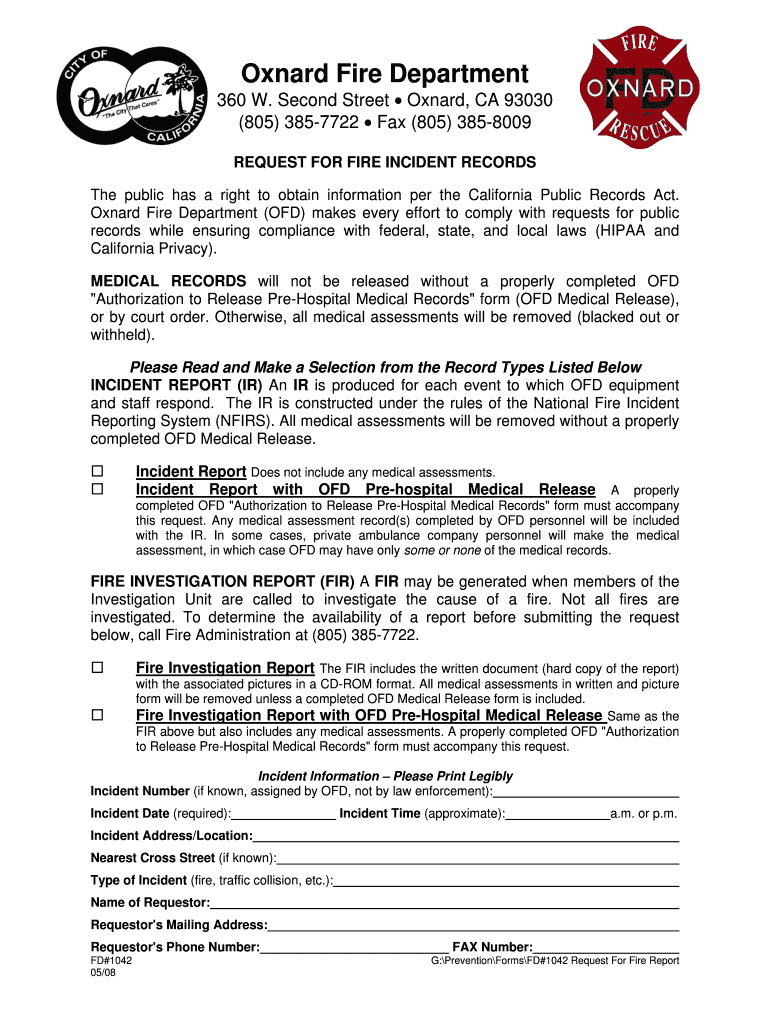 Fillable Online oxnardfire FD1042 Request For Fire Reportdoc Fax Email ...