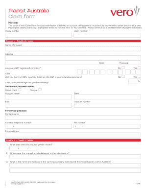 Fillable Online Transit Australia Claim form - Vero Insurance Fax Email ...