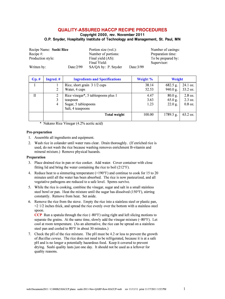 Fillable Online QUALITY-ASSURED HACCP RECIPE PROCEDURES Fax Email Print ...