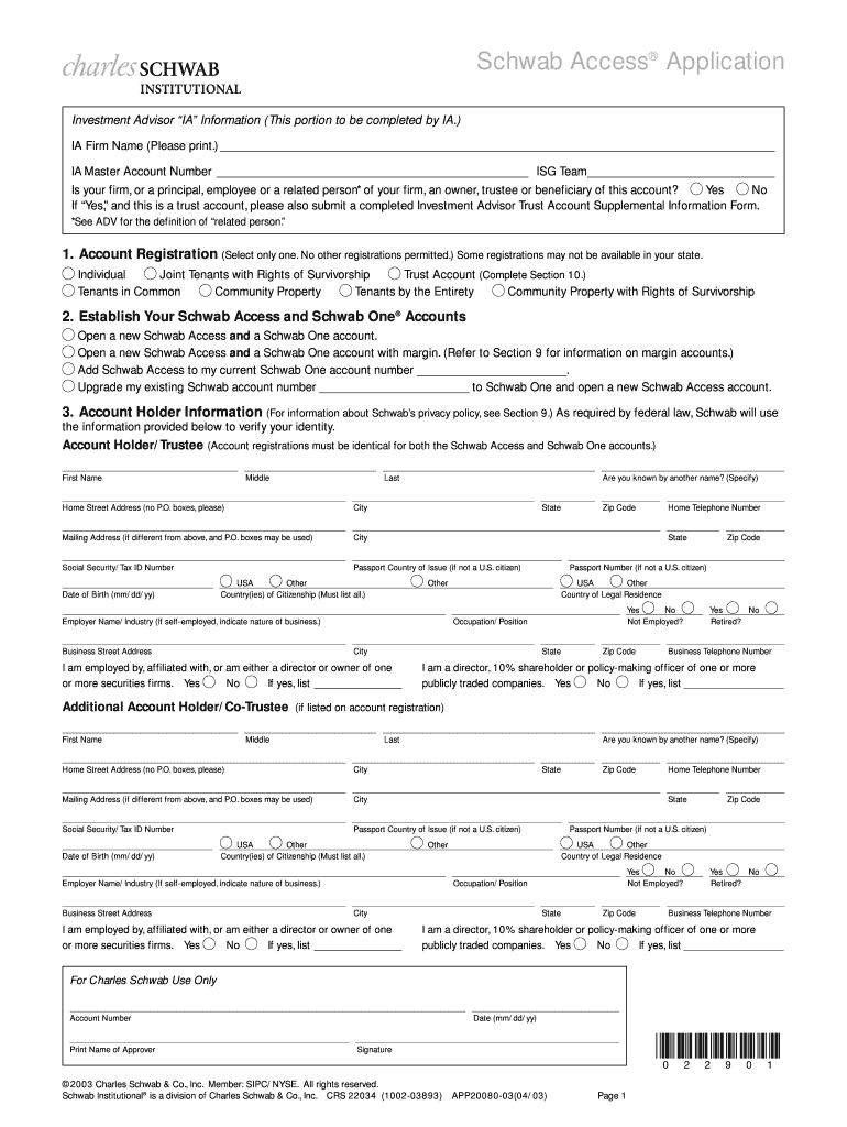 Fillable Online Schwab Access bApplicationb - Blunck Financial Fax Email Print - pdfFiller