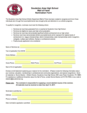 Fillable Online sahs soudertonsd Souderton Area High School Wall of Fame Nomination Form Fax ...
