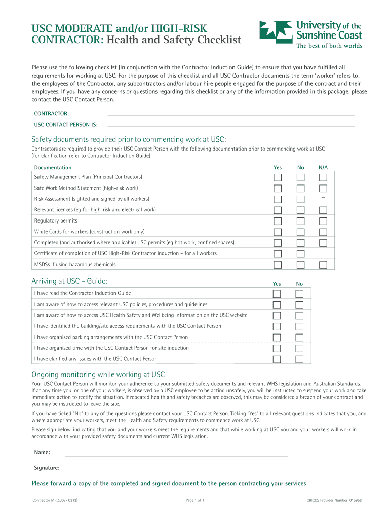 Fillable Online usc edu Checklist for Moderate & High Risk Contractors (PDF 130KB) Fax Email ...
