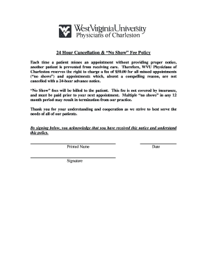 Fillable Online wvupc 24 Hour Cancellation & No Show Fee Policy Fax ...