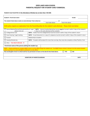 Fillable Online Early dismissal request form - Deer Lakes School ...