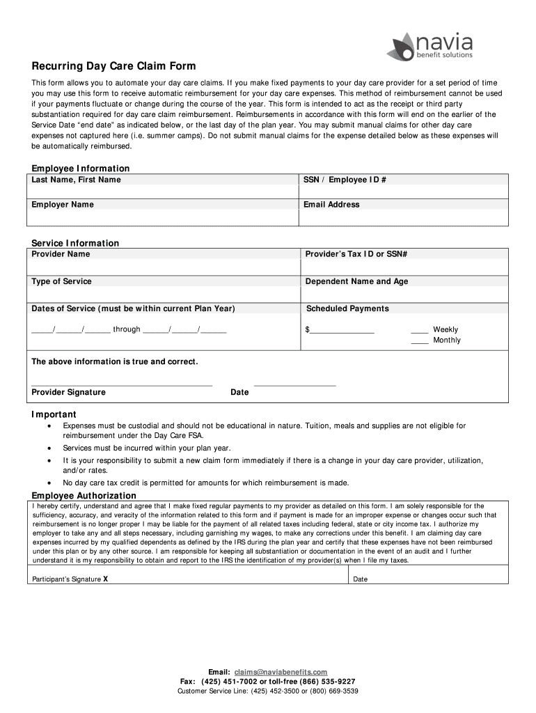 Fillable Online Recurring Daycare Claim Fax Email Print - pdfFiller