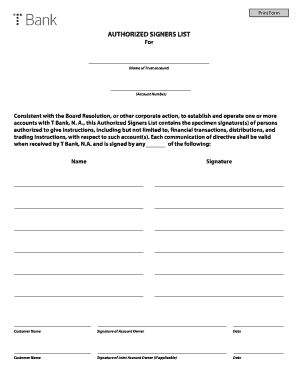 Fillable Online AUTHORIZED SIGNERS LIST - T Bank Fax Email Print ...