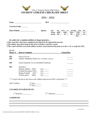 Fillable Online STUDENT ATHLETE CHECK-OFF SHEET Fax Email Print - pdfFiller