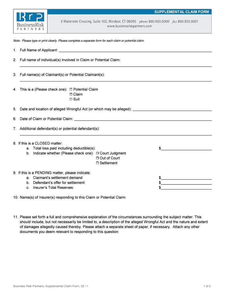Fillable Online Claim Supplemental Form - Business Risk Partners Fax ...