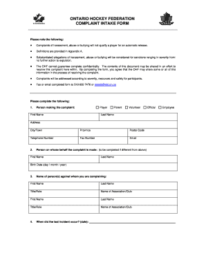 ONTARIO HOCKEY FEDERATION COMPLAINT INTAKE BFORMb - Fill and Sign ...