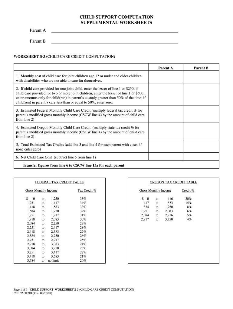 Fillable Online oregonchildsupport Reset CHILD SUPPORT COMPUTATION ...