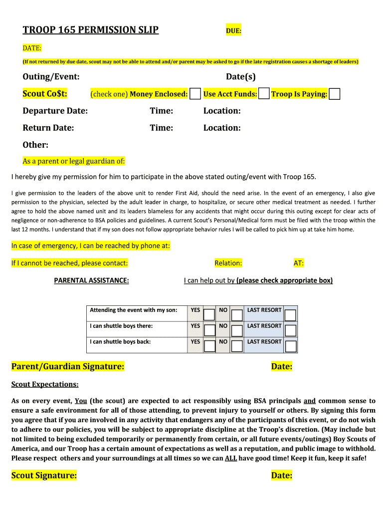 Fillable Online TROOP 165 PERMISSION SLIP Fax Email Print - pdfFiller