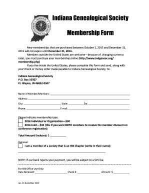 Fillable Online indgensoc Indiana Genealogical Society Membership Form Fax Email Print - pdfFiller