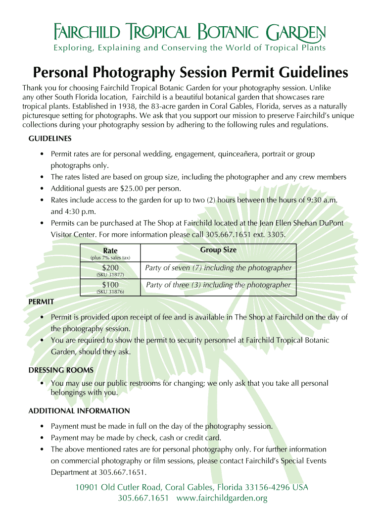 Fillable Online fairchildgarden Personal Photography Session Permit ...