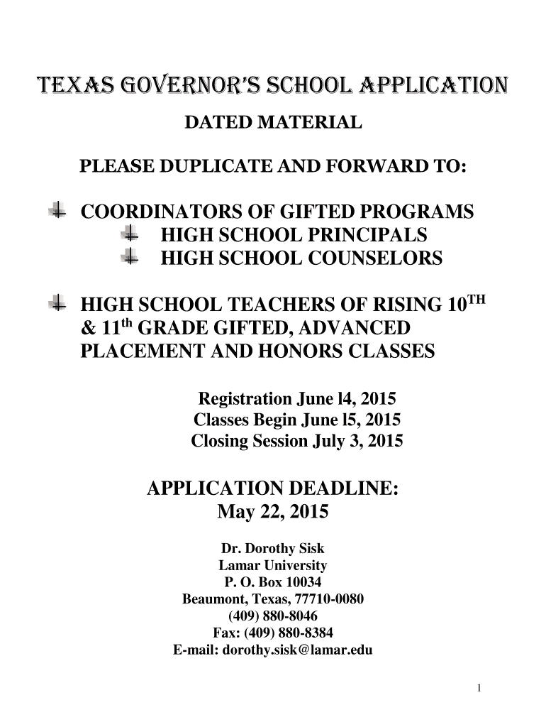 Fillable Online TEXAS GOVERNOR'S SCHOOL APPLICATION - Lamar.edu Fax ...