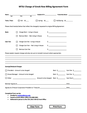 Fillable Online MTSU Change of Greek Row Billing Agreement Form Fax ...