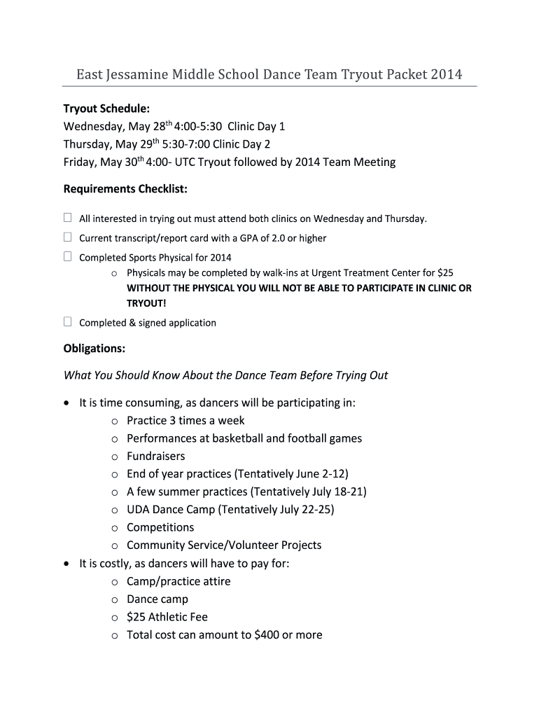 Fillable Online East Jessamine Middle School Dance Team Tryout Packet ...