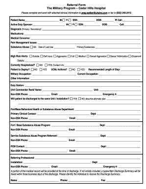 Fillable Online Referral Form The Military Program Cedar Hills Hospital ...