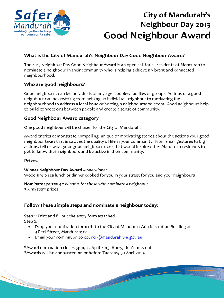 Fillable Online Good Neighbour Award - City of Mandurah Fax Email Print ...