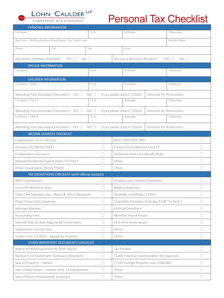 Fillable Online Personal Tax Checklist - Lohn Caulder LLP Fax Email ...